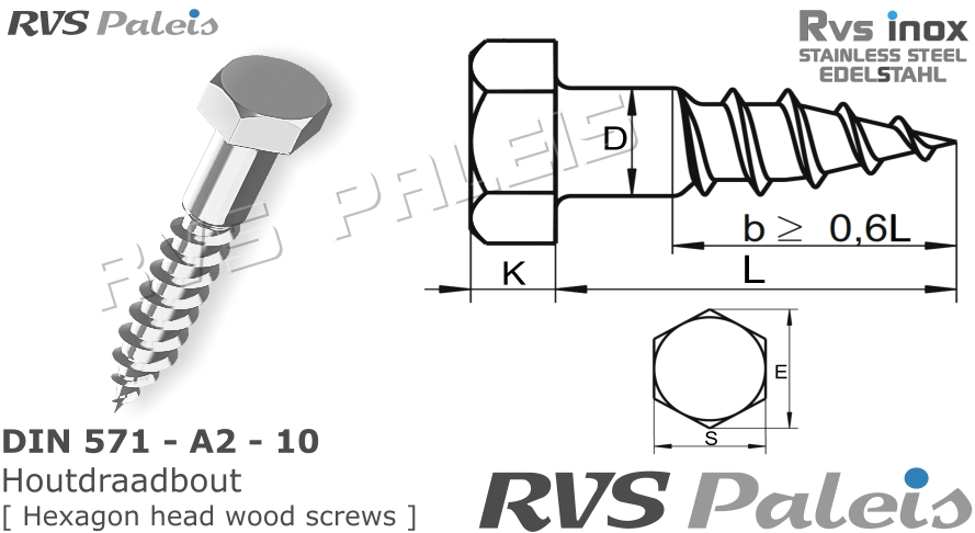Houtdraadbout | RVS A2 | RVS - INOX | DIN 571